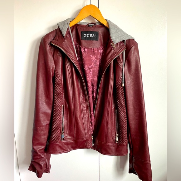 Guess | Jackets & Coats | Guess Womans Dark Red Leather Jacket With Zip ...
